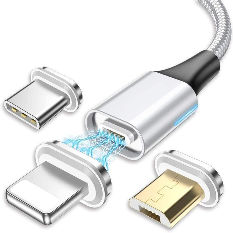 3 in 1 Type-C/Lightning/Micro Ports 1M Magnetic Data Charging Cable Silver