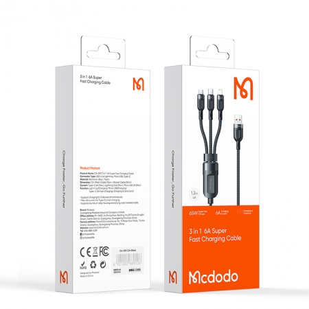 MCDODO CA-0930 Lightning+Micro+Type-C 1.2M 3 in 1 Fast Charging Data ...